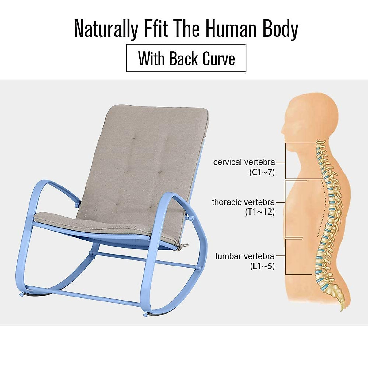 PHI VILLA Outdoor Patio Metal Rocking Chair, Padded Modern Rocker Chairs with Cushion, Support 301lbs for Porch, Deck, Balcony or Indoor Use (1PCS, Blue)