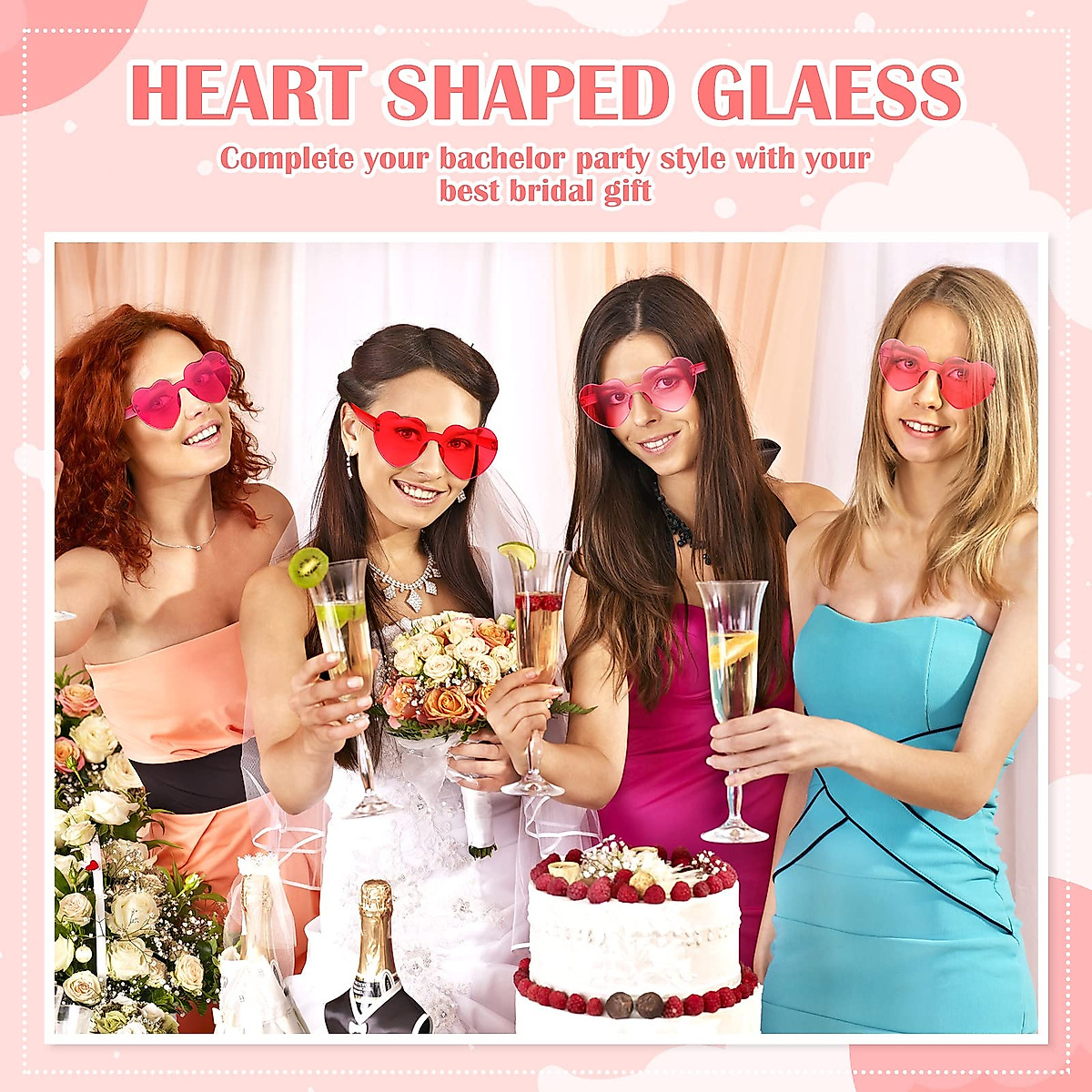 TOODOO 4 Pieces Heart Shape Rimless Sunglasses Transparent Candy Color Party Eyewear (Pink Series)