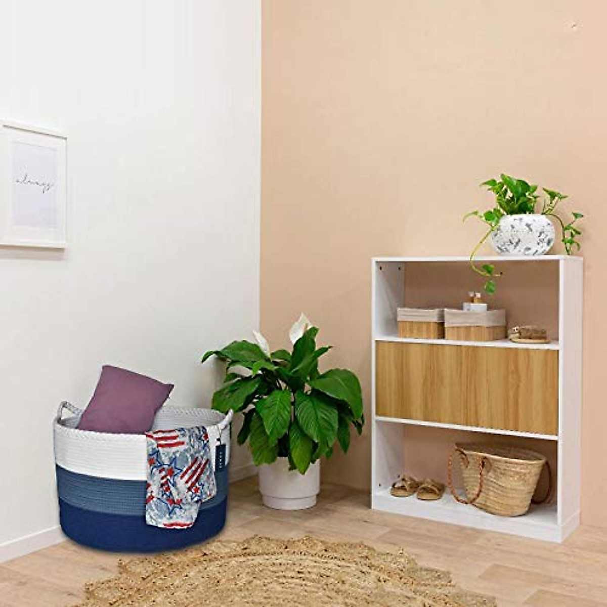 COMSE Extra Large Blanket Basket, Storage Basket, Laundry Basket, 21.7”x 13.8”, Laundry Hamper, Cotton Rope Basket, Blanket Basket Living Room, Toy Basket (White & Cadet Blue & Navy Blue)