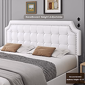 Keyluv Upholstered Queen Bed Frame with 4 Storage Drawers, Platform Bed with Curved Button Tufted Headboard with Nailhead Trim, Solid Wooden Slats Support, No Box Spring Needed, Off White