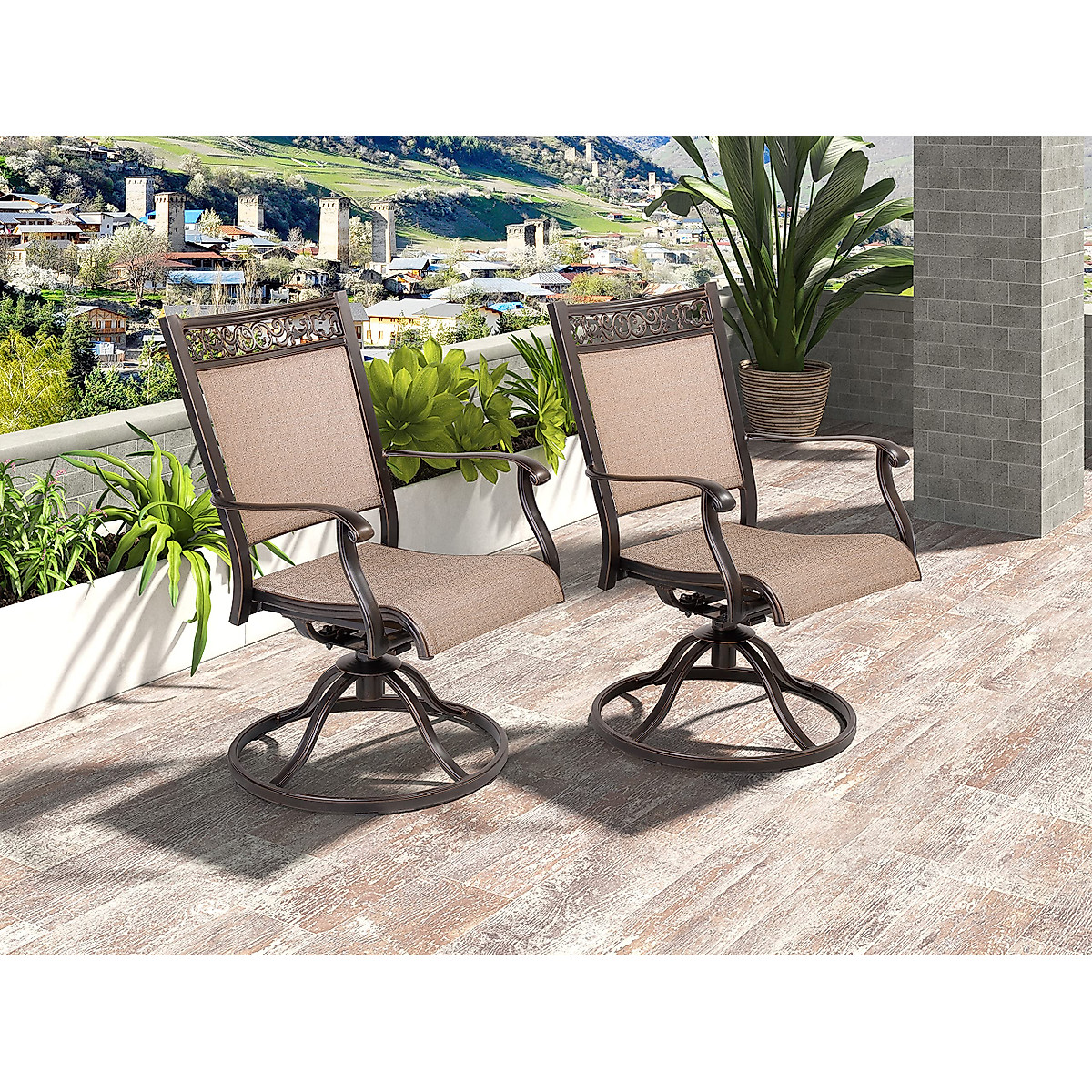 CASUAL WORLD Patio Sling Dining Chairs Set of 2, Outdoor Furniture Swivel Rocker Chairs with All-Weather Aluminum Frame for Bistro Garden Backyard Balcony
