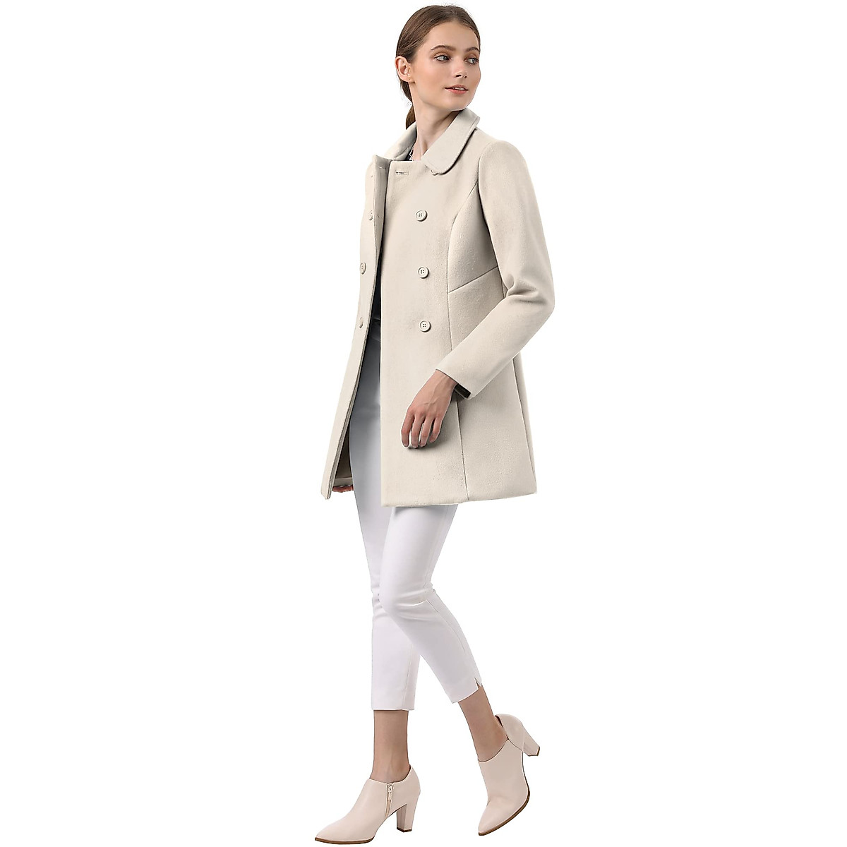 Allegra K Women's Peter Pan Collar Double Breasted Winter Long Trench Pea Coat Small Beige