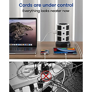 Power Strip Tower with Wireless Charger - Surge Protector with USB, JACKYLED Electric Outlet 13A 10 AC Outlets 4 USB Ports 6.5ft Extension Cord for School Dorm Office Home Desktop Computer White Black