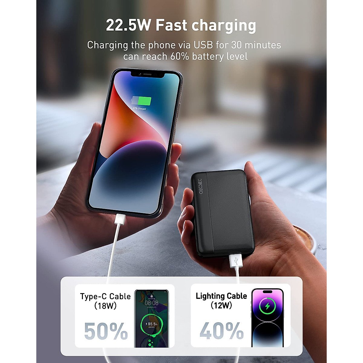 Qecvec Portable Charger with Built in Cords, Ultra-Compact 22.5W PD & QC 3.0 Fast Charging 10000mAh USB C Power Bank,Small LED Display Phone Battery Pack with Cable Compatible with iPhone,Samsung
