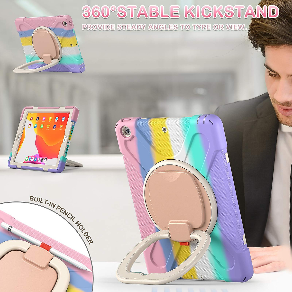 BATYUE for iPad 9th/ 8th/ 7th Generation Case (iPad 10.2 inch Rugged Case 2021/2020/2019) with Screen Protector, Rotating Stand/Pencil Holder/Carrying Shoulder Strap (Colourful Pink)