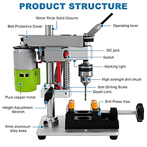 MXBAOHENG Mini Desktop Drill Press 7-speed Micro Drill Press with Work Light for Wood, Crafts and Jewelry Making, Small Table Drilling Machine 795 Motor B10 Chuck, with Belt and Motor Protective Cover