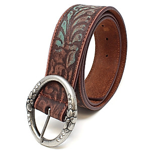 Distress Embossed Brown and Teal Leather Belt with Rhinestone Ring Buckle (M)