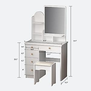 ECACAD Vanity Desk Set with Large Mirror, Makeup Vanity Dressing Table with 5 Drawers, Storage Shelves and Cushioned Stool for Bedroom, White