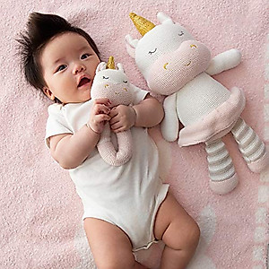 Living Textiles Baby Knitted Toy Rattle - Kenzie Unicorn -Premium HIGH Quality 100% Cotton Super Cute Soft & Fun Stuffed Animal Character | for Infant,Newborn,Nursery,Stuff,Knit,Gift,Shower,Girl
