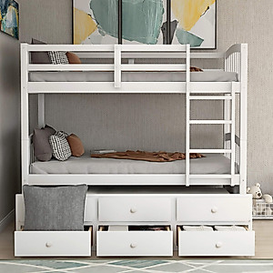 SOFTSEA Twin Over Twin Bunk Bed with Twin Trundle, 4 Step Ladder and 3 Drawers