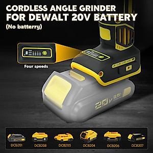 Cordless Angle Grinder for Dewalt 20v Batteries, 6600RPM Brushless Electric Grinder, 4 Variable Speed Metal Grinder for 4.9''Wheels with Adjustable Auxiliary Handle for Cutting, Polishing（No Battery)