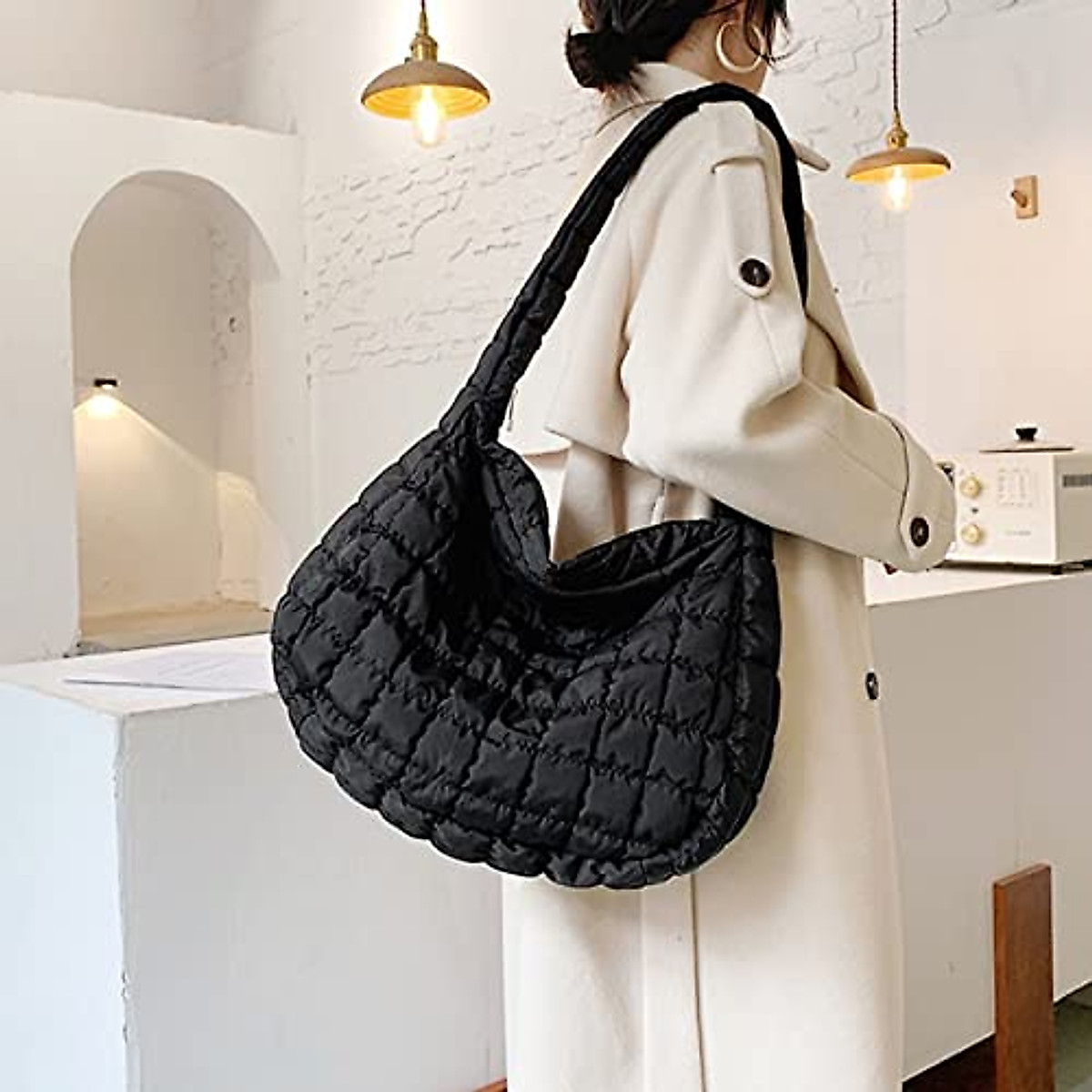 Women Puffer Bag Crossbody Bag Quilted Bags Luxury Shoulder Bag Tote Top Handle Bags Puffy Shoulder Bag for Autumn Winter (Black)