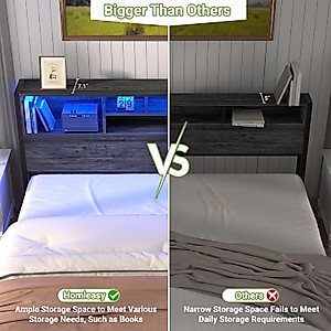 Homieasy Queen Size Bed Frame with Bookcase Headboard, Metal Platform Bed Frame Queen Size with Charging Station and LED Light, Heavy Duty Metal Slats, No Box Spring Needed, Noise-Free, Black Oak