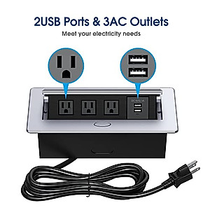 KYHSHJ Connection Box Desktop Pop Up Outlet with 2 USB Ports & 3 Outlets (Silver)
