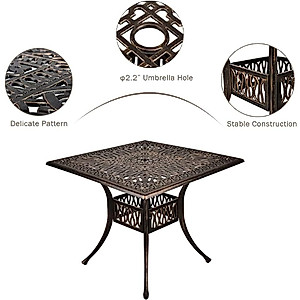 QUYZE Patio Dining Table, 35" Outdoor Patio Table with Umbrella Hole Bronze Square Cast Alluminum Patio Metal Dining Table, Outdoor Furniture for Backyard Lawn Balcony Deck