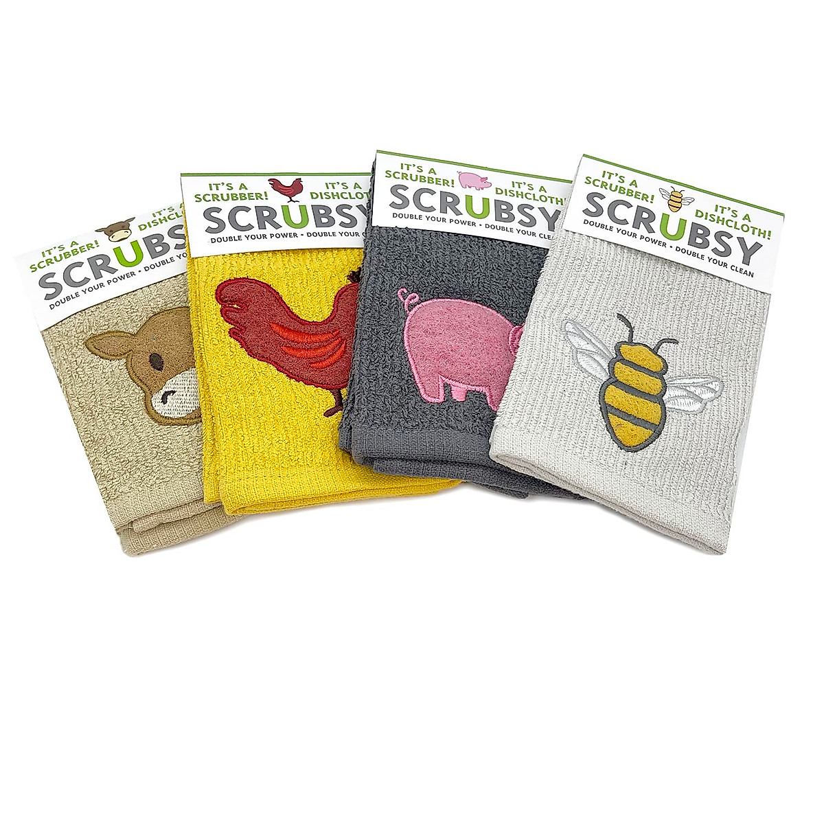 MU Kitchen Scrubsy Dish Cloth Set with Built in Scrubber, Set of 4, Farm Animals