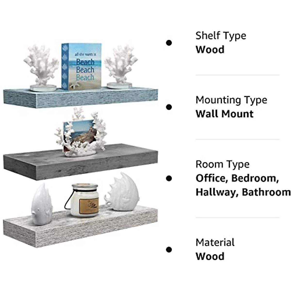 Sorbus Floating Shelves for Wall - 3 Pack Coastal Beach Wall Decor for Bedroom, Bathroom, Living Room, Office, Home & Kitchen - White/Grey/Blue Rustic Wood Hanging Wall Shelf for Books, Frames, Trophy