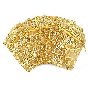 YYaaloa 100PCS Mini Sheer Heart Mixed Organza Bags 7X9 cm/2.7X3.5 inches, Drawstring Chic Gift Beauty Bags, Wedding Favor Bags Candy Jewelry Gift Bags (Gold, 2.7x3.5 inch)