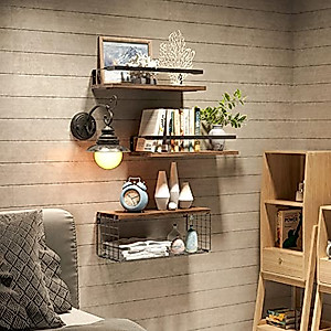 Floating Shelves Wall Mounted Set of 3, Rustic Wood Wall Shelves for Wall Decor Bathroom Shelves Over Toilet with Paper Storage Basket for Home Decor, Laundry Room Storage Shelves (Carbonized Brown)