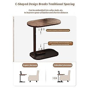 Sofa and Bed Side Table, C Shaped End table Small Coffee Table for Small Spaces, Small Side Table Bedroom Bedside Table, Living Room Wood Couch Tables that Slide Under, 18”L x 12”W (brown+black)
