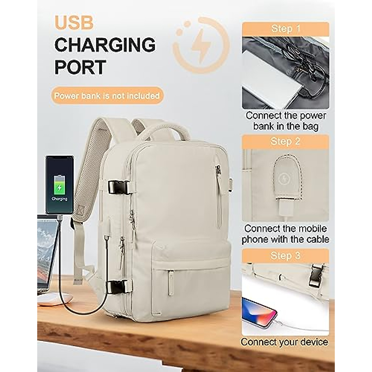 winspansy Carry on Backpack,Travel Backpack for Women Men Airline Approved Personal Item Size Hiking Gym Backpack Weekender Casual Daypack Backpack Waterproof Bag with Shoe Compartment, Beige