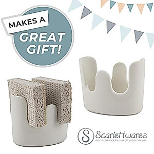 Scarlettwares Dual Two Double Sponge Holder Kitchen Sink Organizer Ceramic White Dishwasher Safe Modern Rustic Farmhouse Elegant Compact Design