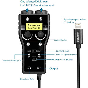 Saramonic 2 Channel XLR Microphone & 6.3mm Guitar Interface with Apple MFi Certified Lightning Connector for iPhone, iPad, iPod, iOS Smartphones & Tablets