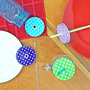 Southern Homewares Polka Dot Pattern Mason Jar Lids for Straws Set of 4 Fun Jar Lids Kids Colorful Jar Lids Straw Holes Small