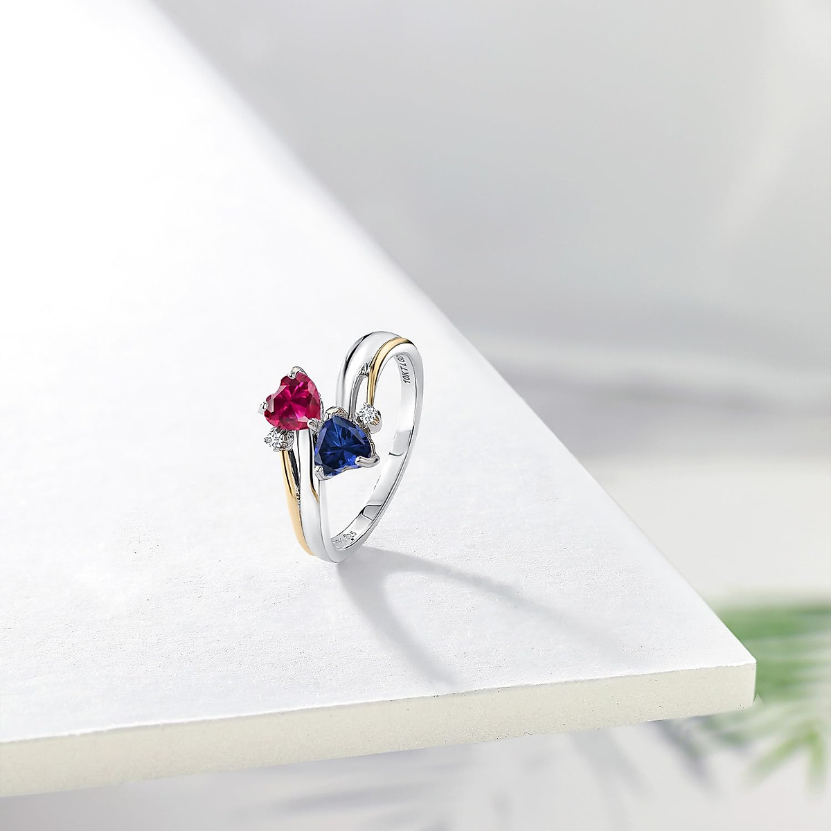 Gem Stone King 925 Silver and 10K Yellow Gold Red Created Ruby Blue Created Sapphire and Lab Grown Diamond 2 Heart Promise Couple Engagement Mother Ring (1.12 Cttw, Available In Size 5, 6, 7, 8, 9)