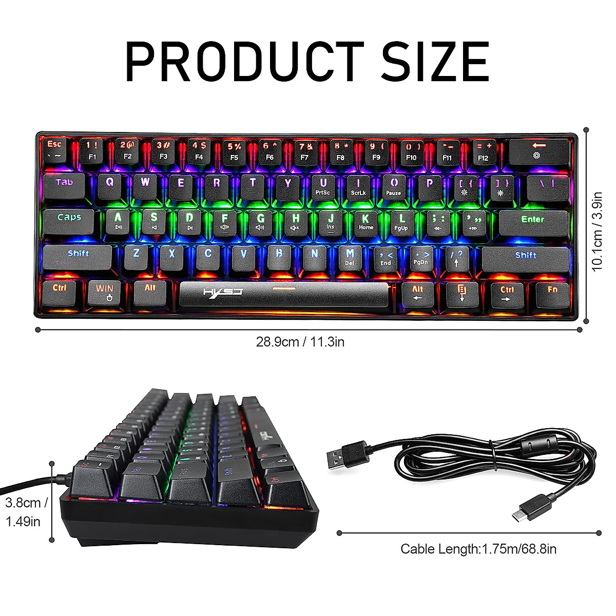 Compact Mechanical Gaming Keyboard Mini Portable with Ergonomic 61 Key Layout Multi Rainbow LED Backlight Anti-ghosting Waterproof Type-C USB Wired for PC MAC Gamer Computer Typist(Black/Blue Switch)