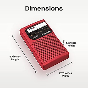 AM FM Battery Operated Portable Pocket Radio - Best Reception and Longest Lasting. AM FM Compact Transistor Radios Player Operated by 2 AA Battery, Mono Headphone Socket, by Vondior (Red)