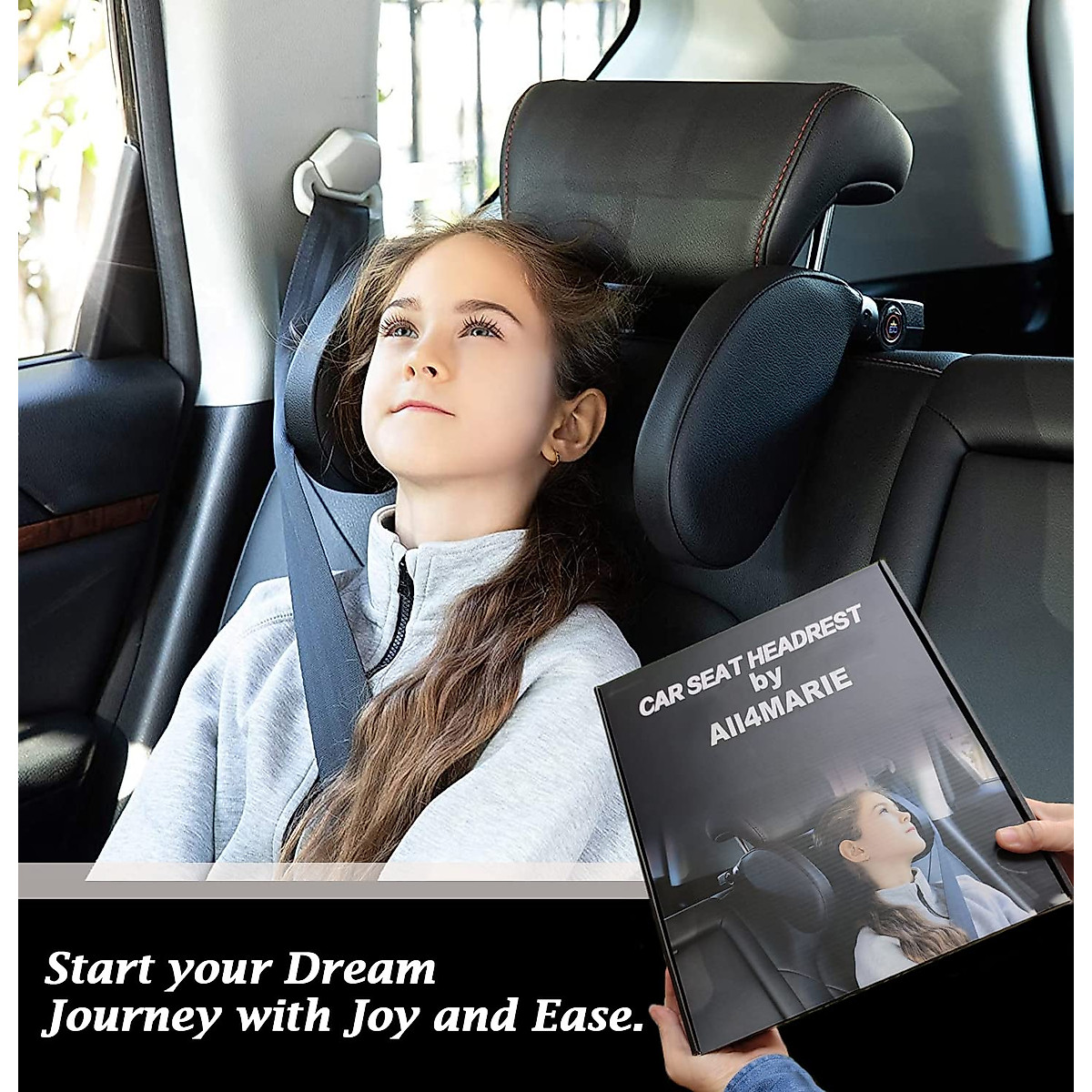 ALL4MARIE Car Seat Headrest Support - 360 Degree Adjustable, Memory Foam Car Headrest with Head, Neck, Shoulder Support for Kids and Adults, (Black)