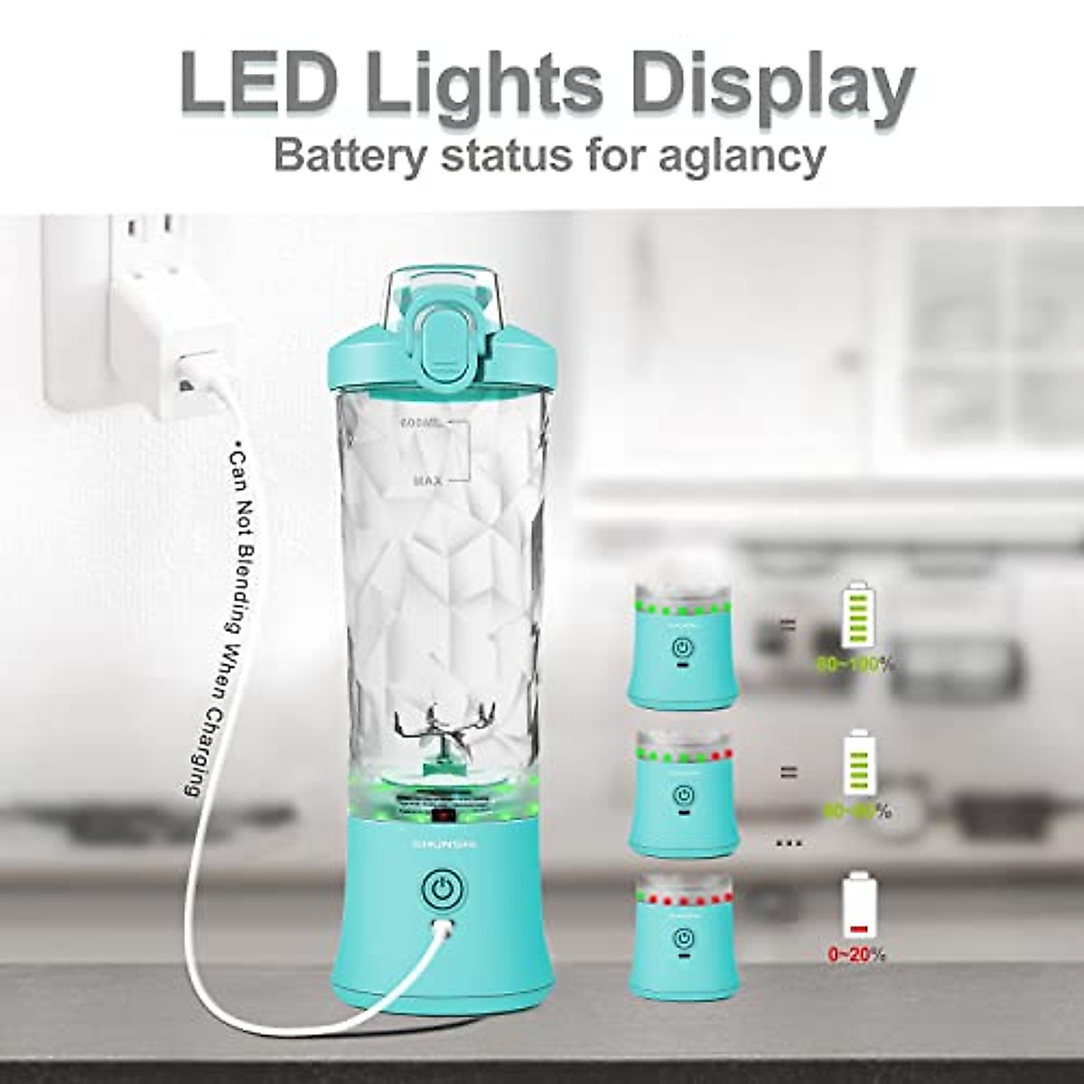 SHUNSHI Portable Blender 20 Oz, Personal Size Blender for Shakes and Smoothies with 6 Blades, Mini Small Smoothie Blender Bottles for Kitchen Home Office Gym Sports Travel (Mint)