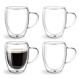 Top-spring Double Wall Glass Coffee Mugs, Clear Glass Coffee Cups with Handles - Set of 4 Double Wall Insulated Coffee Mug Tea Latte Espresso Cups (12oz, Clear)