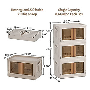 Plastic Storage Container, 34 Qt Large Capacity Folding Storage Bins, Stackable Storage Box with Lid and Lashing Buckles, Dorm Room Essentials, Space Saving Organizer with Wheels & Handles (3 pack)