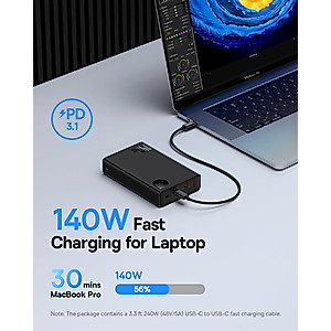 Baseus 140W Portable Charger,24000mAh Laptop Power Bank,3-Port Fast Charging USB C Battery Pack,2 USB-C&1 USB-A,Smart Digital Display Battery Bank for iPhone 15/14/13,Samsung,iPad,MacBook,Dell XPS,HP