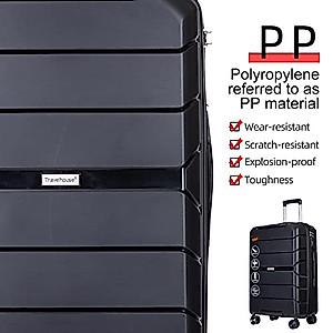 Travelhouse Luggage 3 Piece Set Suitcase with Spinner Wheels TSA Locks PP Luggage Hardside Carry on 20in 24in 28in For Unisex (Black)