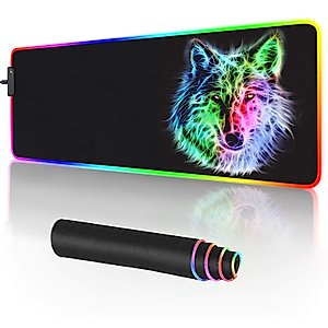 RGB Gaming Mouse Pad - 14 Light Modes Extended Computer Keyboard Mat, Anime LED Mouse Pad Large，High-Performance Mouse Pad Optimized for Gamer 31.5 X 12in (Wolf Mouse pad)