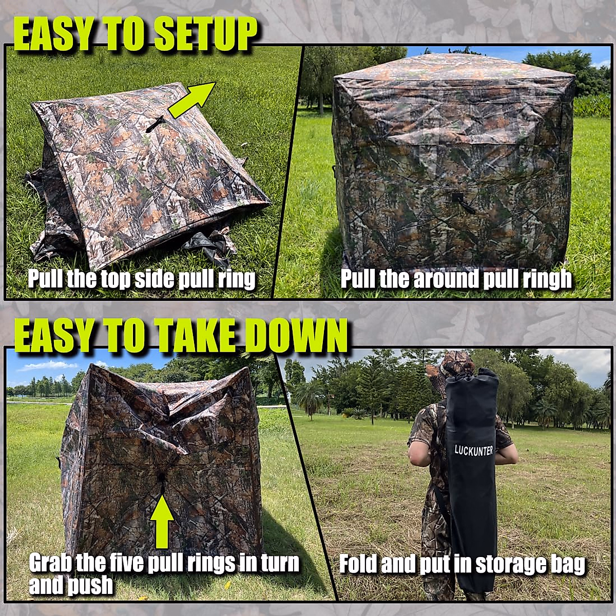 LUCKUNTER 360 Degree See Through Hunting Blind Extra Large Tall (78X78X80 inch) 2/3/4 Person Ground Camouflage Pop Up Hunting Blind for Turkey Deer Hunting