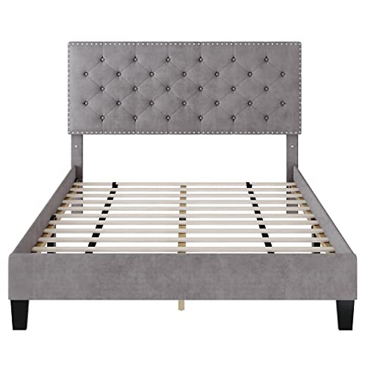 HOSTACK Full Size Bed Frame, Modern Upholstered Platform with Adjustable Headboard, Heavy Duty Button Tufted Frame Wood Slat Support, Easy Assembly, No Box Spring Needed (Grey, Full)