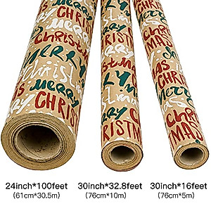 RUSPEPA Christmas Wrapping Paper,Kraft Paper - Marry Christams Design - 24 Inches x 100 Feet - White
