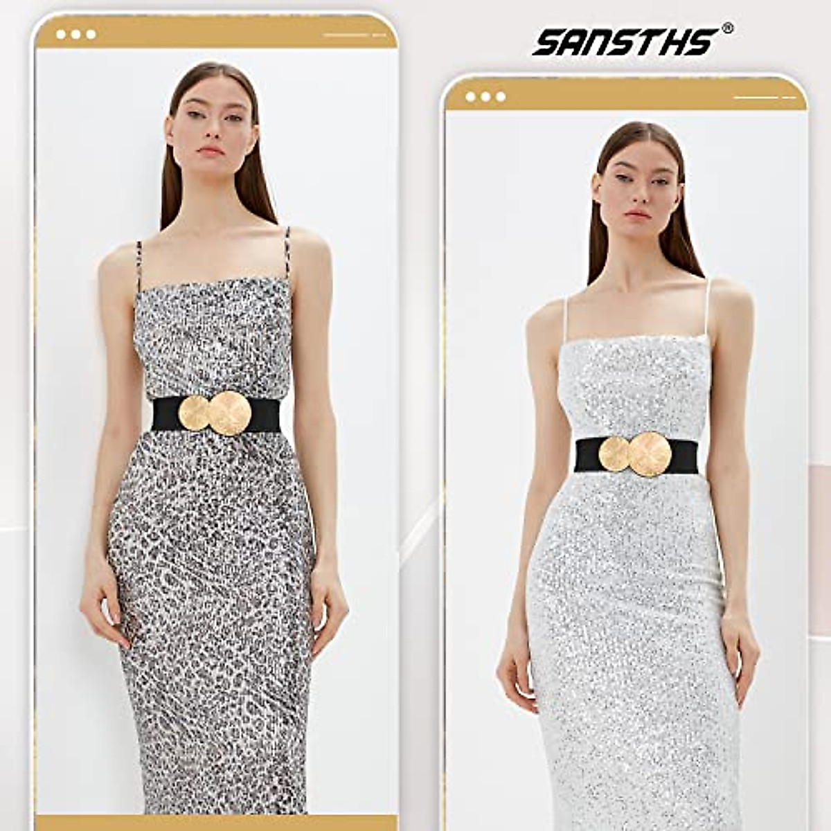 SANSTHS Women Wide Elastic Belt with Gold Buckle for Dress Stretchy Vintage Waist Black Belt, S