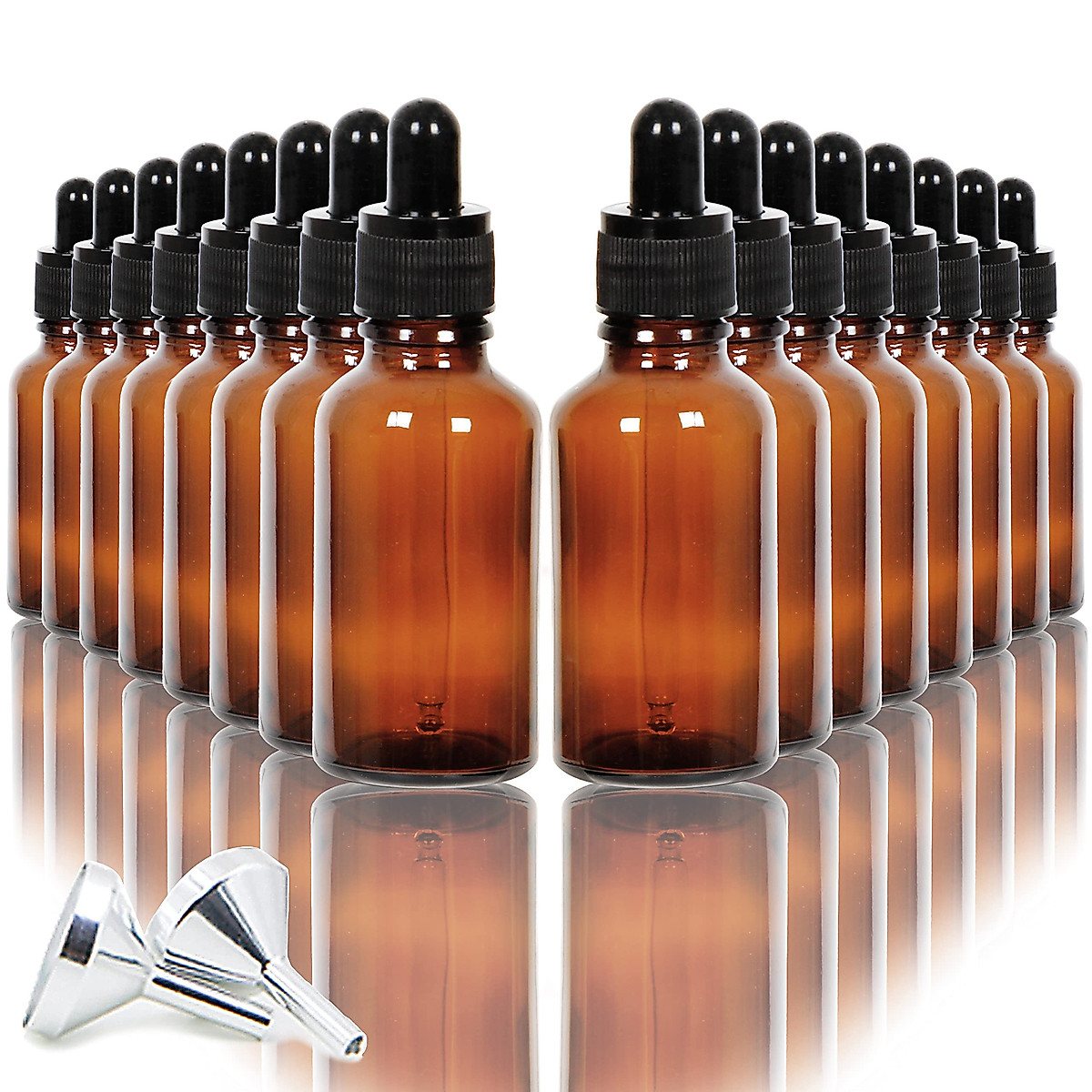 Youngever 16 Pack 1 Ounce Amber Glass Dropper Bottles for Essential Oil, 2 Stainless Steel Mini Funnels