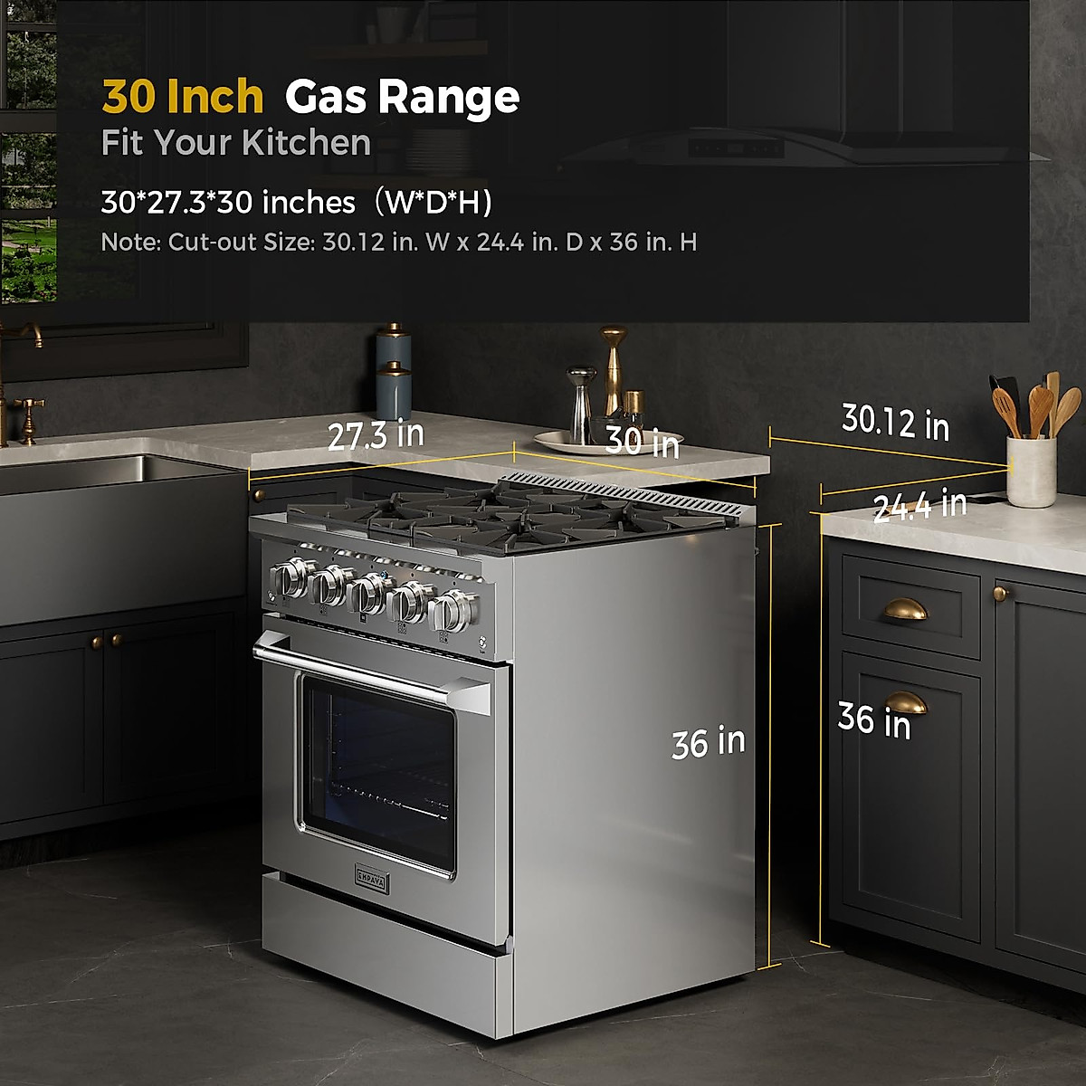 Empava Gas Range, Convection Oven 4.2 Cu. Ft with Touch Timer, 4 Deep Recessed Burners Cooktop, Heavy Duty Continuous Grates in Stainless Steel, Freestanding & Slide-in,30 Inch, 30.05 Inch