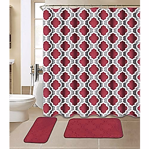 All American Collection 15-Piece Bathroom Set with 2 Memory Foam Bath Mats and Matching Shower Curtain | Designer Patterns and Colors (Geometric Burgundy)