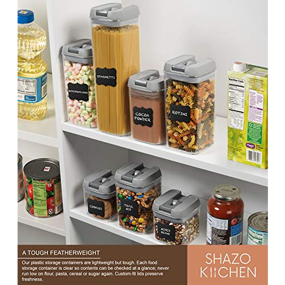 Shazo Airtight Container Set for Food Storage - 7 Piece Set + Heavy Duty Plastic - BPA Free - Airtight Storage Clear Plastic w/Gray Interchangeable Lids kitchen counter storage Bin -18 Labels+Marker