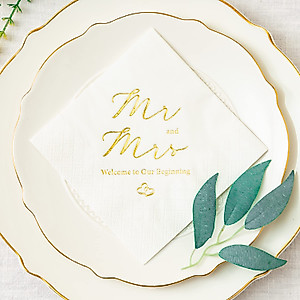Crisky Gold Foil Mr and Mrs Wedding Cocktail Napkins 100 Counts for Wedding Party Reception Dessert Cake Table Decorations Welcome to Our Beginning Disposable Napkins, 3-Ply,
