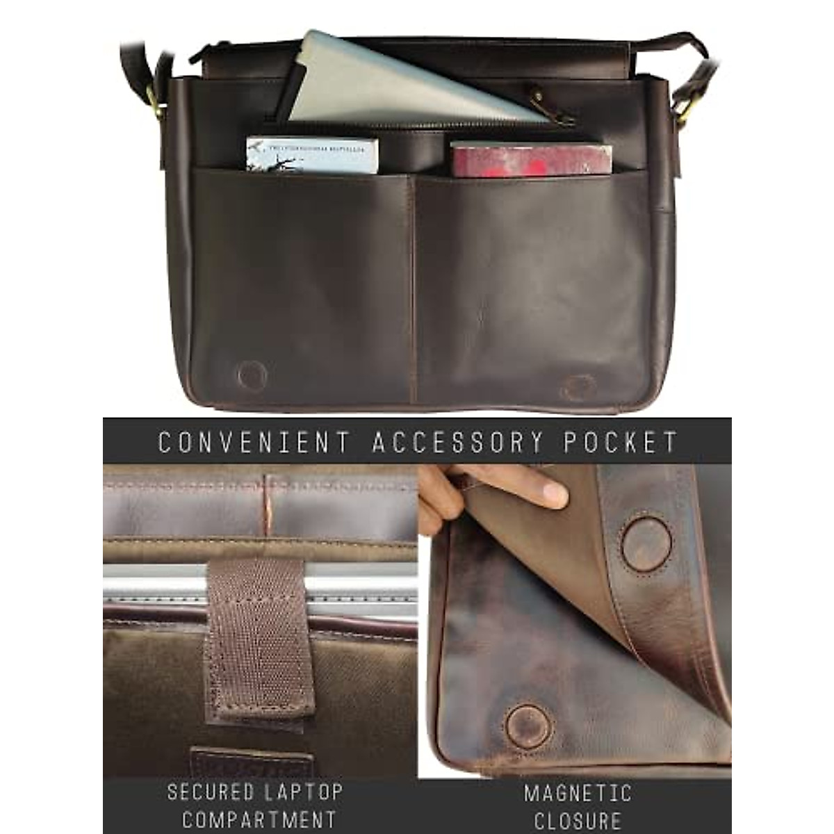 RUSTIC TOWN Leather Messenger Bag for Men Women - Top Grain Leather Laptop Satchel Office Shoulder Bag (16-Inch, Dark Brown)