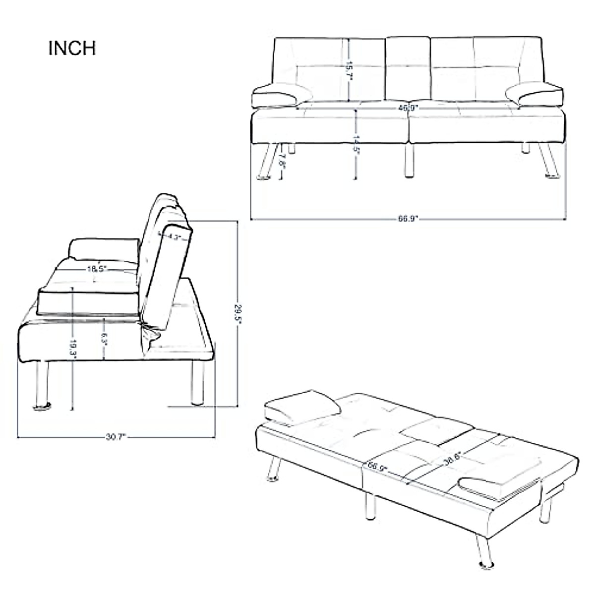 Eafurn Futon Bed Sleeper Loveseat, Convertible Folding Armrest, Adjustable Backrest, Modern 2 Seater Upholstered Love Seat Sofa & Couch for Small Space, Living Room, 66.9", Black 66.9"