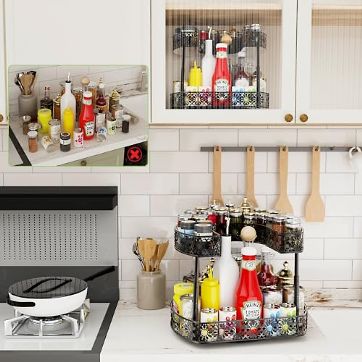 JBBTOOL 2 Tier Lazy Susan Organizer, Metal Turntable Spice Rack, 12-inch Adjustable Rotating Lazy Susan for Cabinet Pantry Kitchen Countertop Dining Table Cupboard Vanity Storage Bathroom